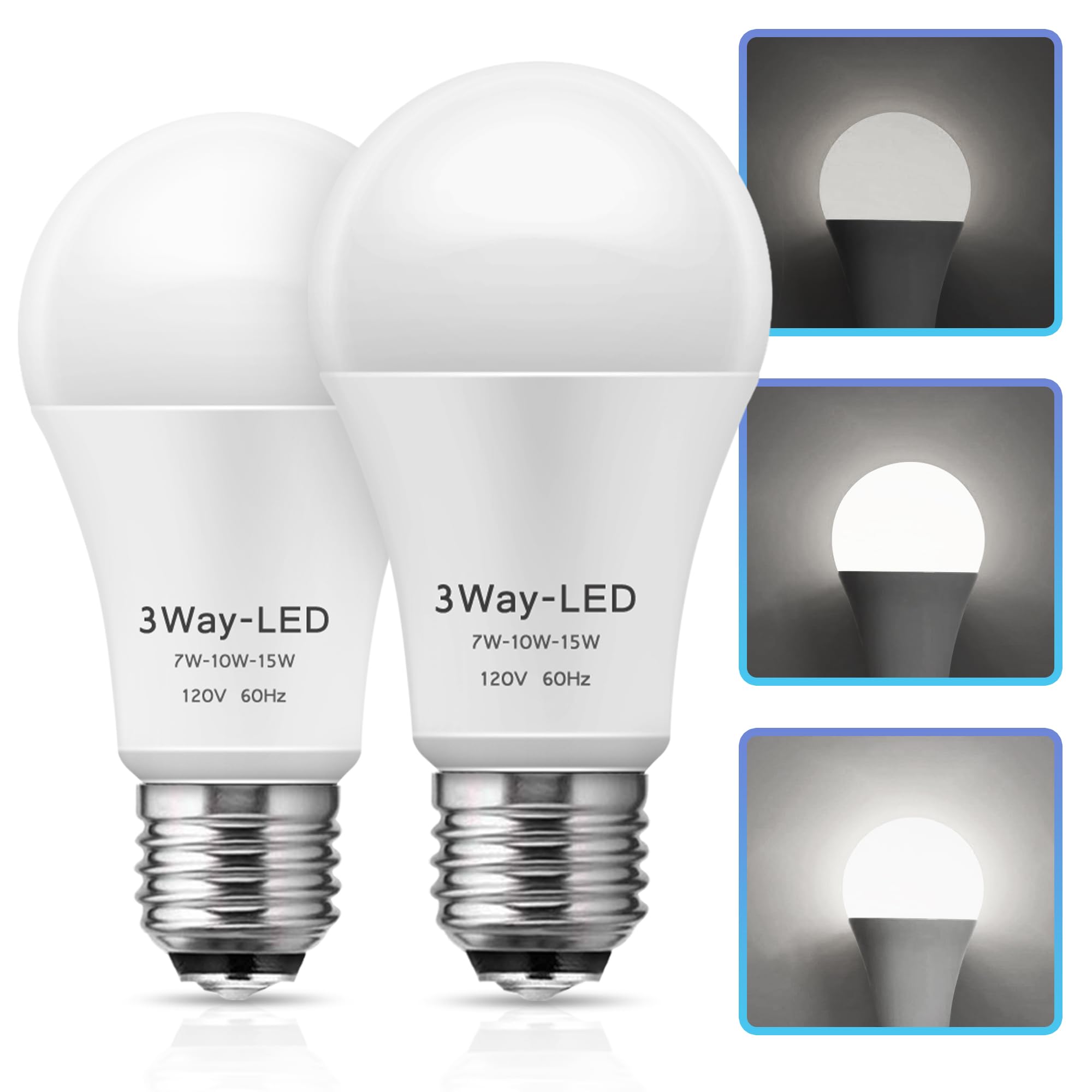 DORESshop 3 Way Light Bulbs, 3 Way LED Light Bulbs 50 100 150W Equivalent, A19 LED Light Bulbs, Three Way Light Bulbs E26 Medium Base, Soft White 3000K, 600lm-1200lm-1600lm, 2Pack