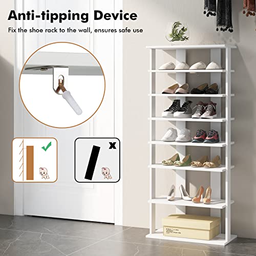 COSTWAY 7 Tiers Shoe Rack, Double Rows Vertical Tall Narrow Patented Shoe Organizer, Free Standing Shoe Rack for Small Space, Entryway, Closet, Living Room, Bedroom (White)