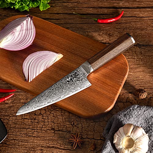 FUJUNI Chef Knife 6 inch, Professional Chef Knife VG 10 Damascus Super Steel 67-Layer Razor Sharp Kiritsuke Knife with Natural Wood Handle