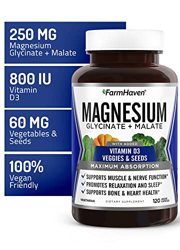 FarmHaven Magnesium Glycinate & Malate Complex w/Vitamin D3, 100% Chelated for Max Absorption, Vegan – Bone Health, Nerves, Muscles, 120 Capsules, 60 Days