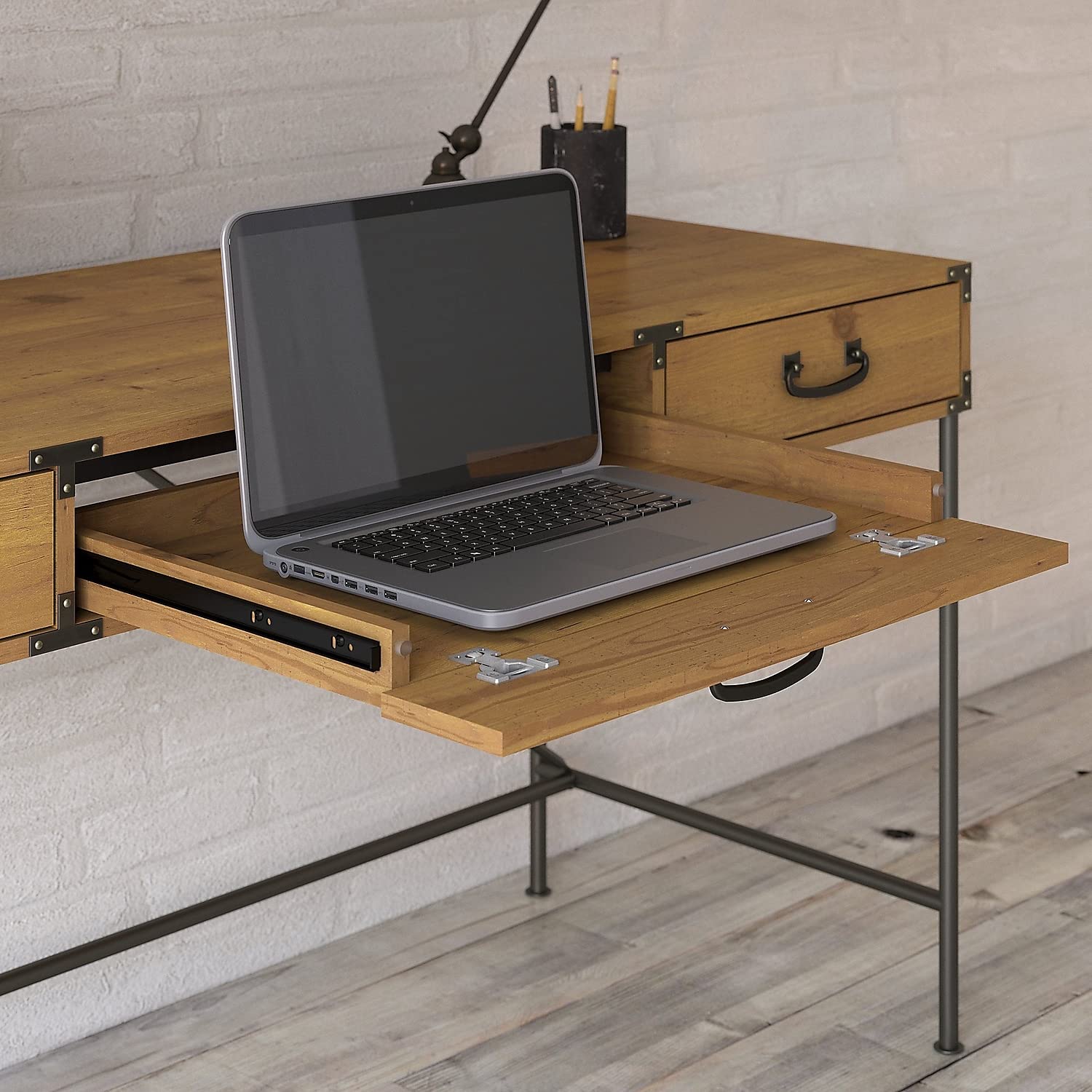 Bush Furniture Ironworks Writing Desk with 2 Drawer Mobile File Cabinet, 60W, Vintage Golden Pine