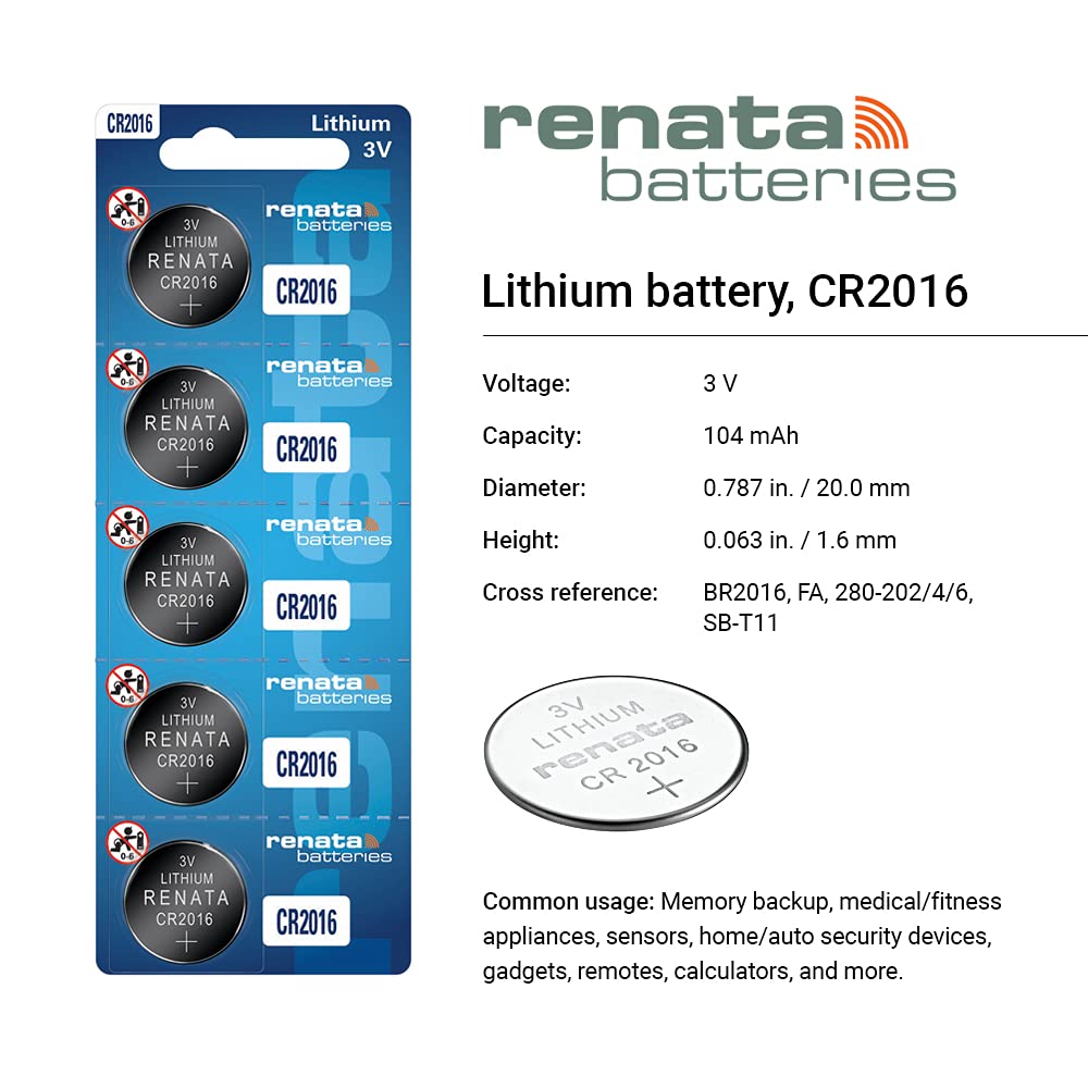 Renata CR2016 Batteries - 3V Lithium Coin Cell 2016 Battery (5 Count)