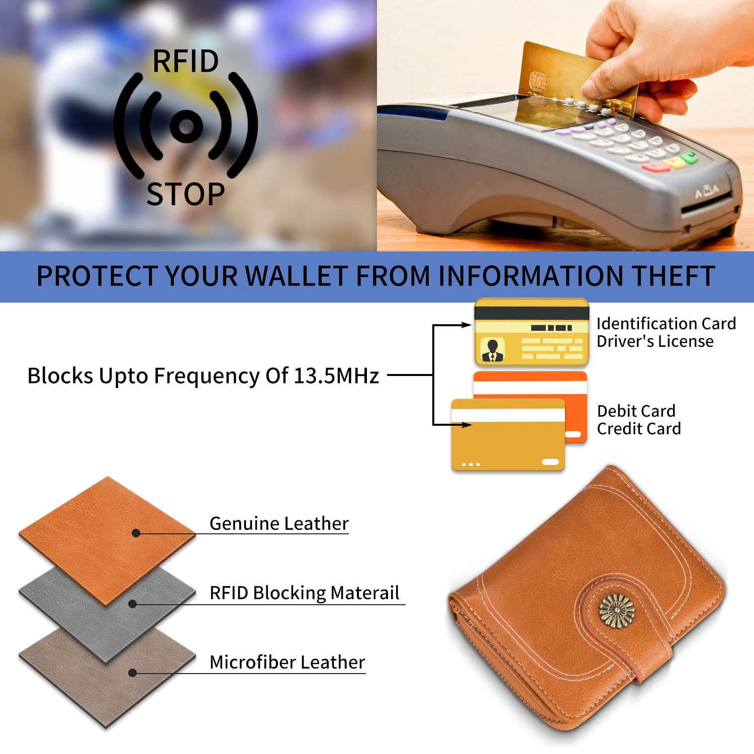 PAPUKA RFID Wallet for Women Genuine Leather Card Holder Large Phone Holder Clutch Travel Checkbook Organizer Zipper Coin Purse