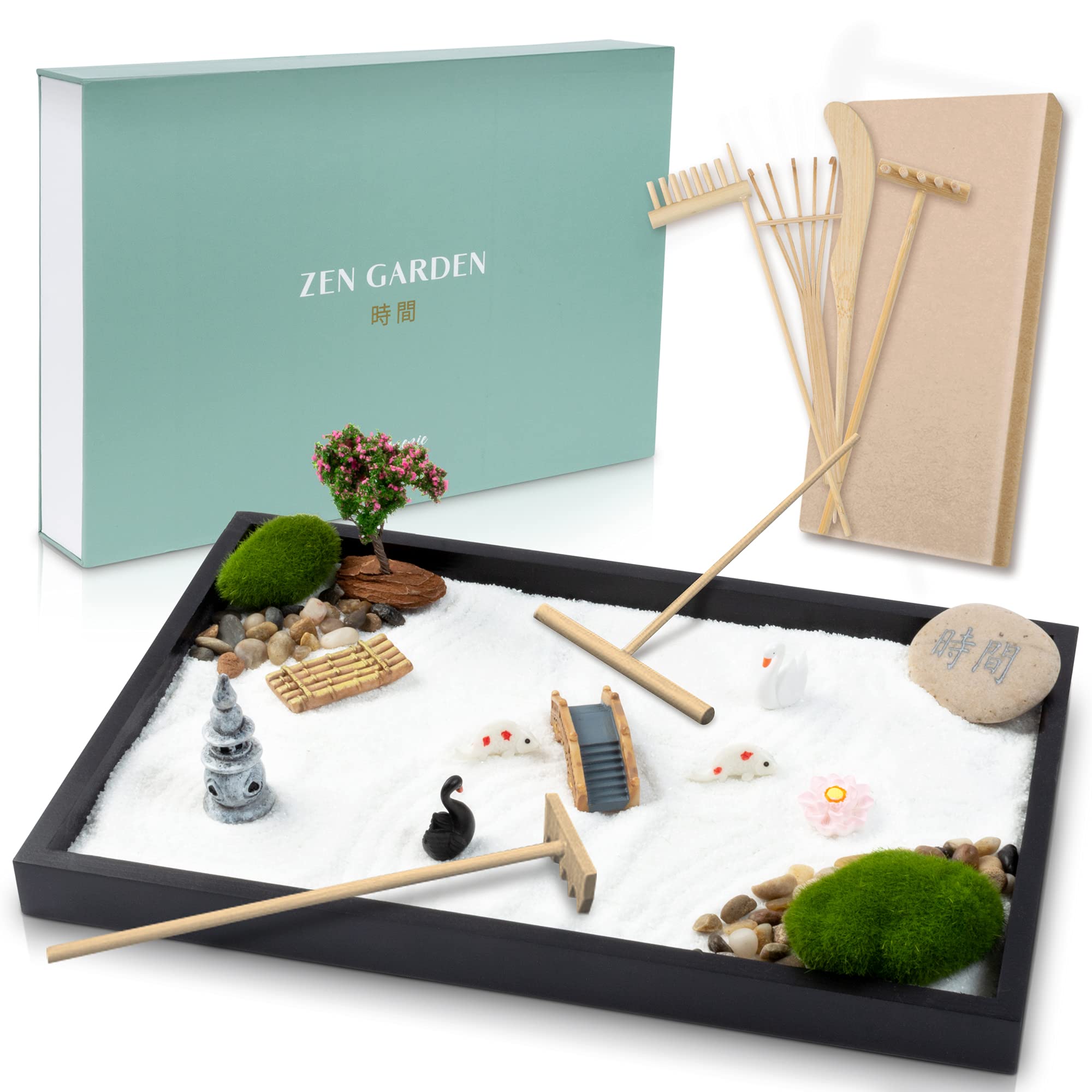 Ostranenie The Life Zen Garden Time, 11.8x8 inch Mini Zen Garden for Desk with Large Tray, 6-Rake Tool Set, and More Accessories for Relaxing Fidgeting, Enchanting Japanese Room Decor