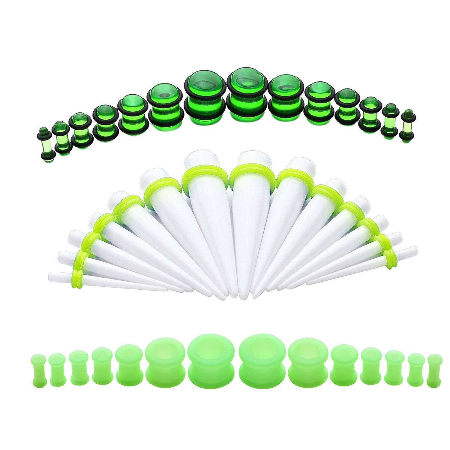 BodyJ4You 42PC Gauges Kit Ear Stretching 8G-12mm Tapers Plugs Green Silicone White Acrylic Set