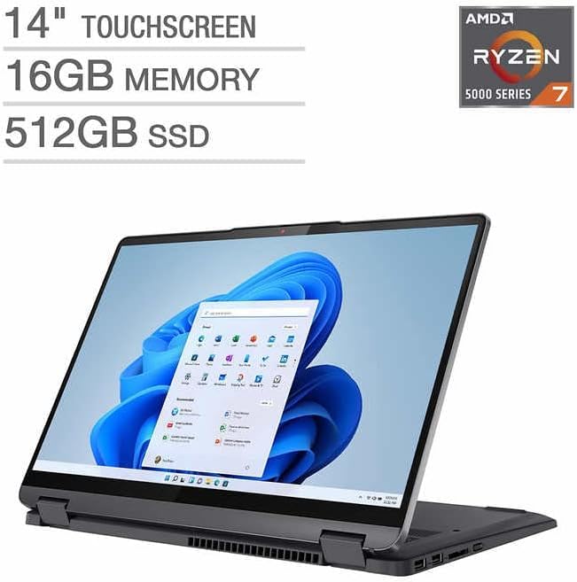 Lenovo Flex 5 14" 2-in-1 16:10 2.2K (2240x1400) Touchscreen Laptop, 8-Core AMD Ryzen 7 5700U, 16GB RAM, 512GB PCIe SSD, Wi-Fi 6, Windows 11, Fingerprint, w/HDMI Cable
