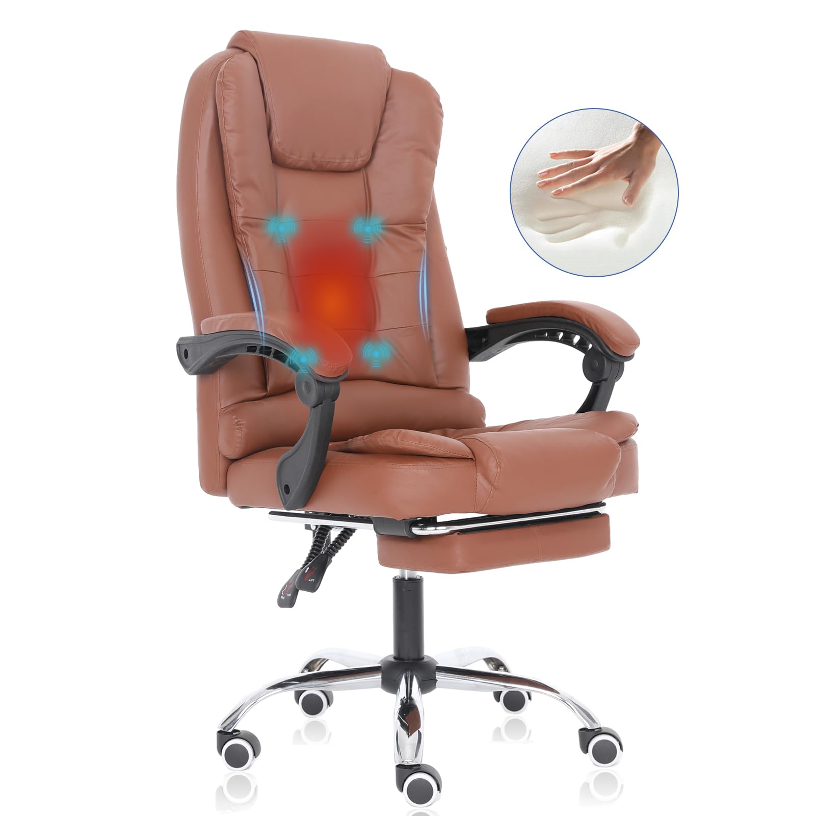 Bioopts Massage Office Chair Executive High Back Chair Lumbar Support Computer Desk Chair Ergonomic PU Leather-Padded Swivel Chair Reclining Task Chair with Footrest for Home Office Work(Light Brown)