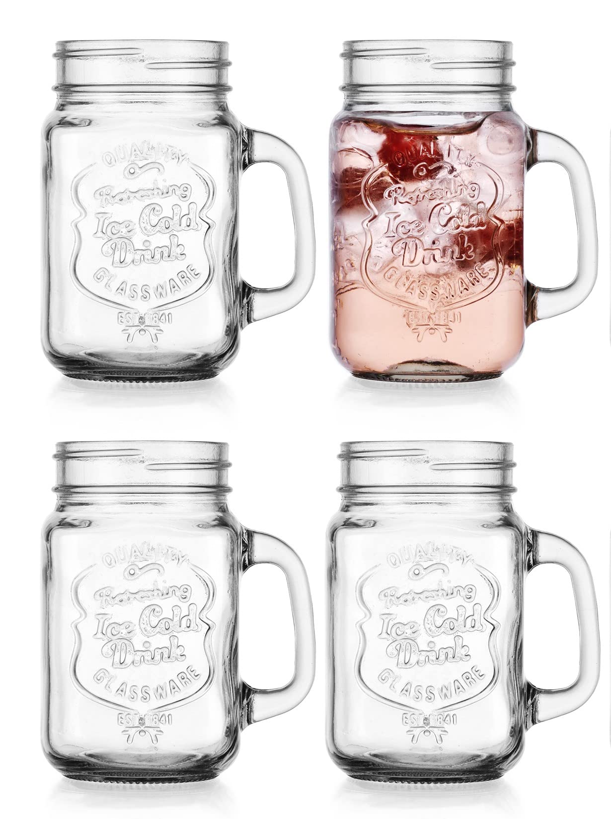 Glaver's Mason Drinking Jars β Set of 4, 16 Oz Clear Glass Jars β With Convenient Handle and Ice-Cold Embossed Logo β Ideal for Hot and Sunny Days β Perfect Glass Cups for Cold Drinks