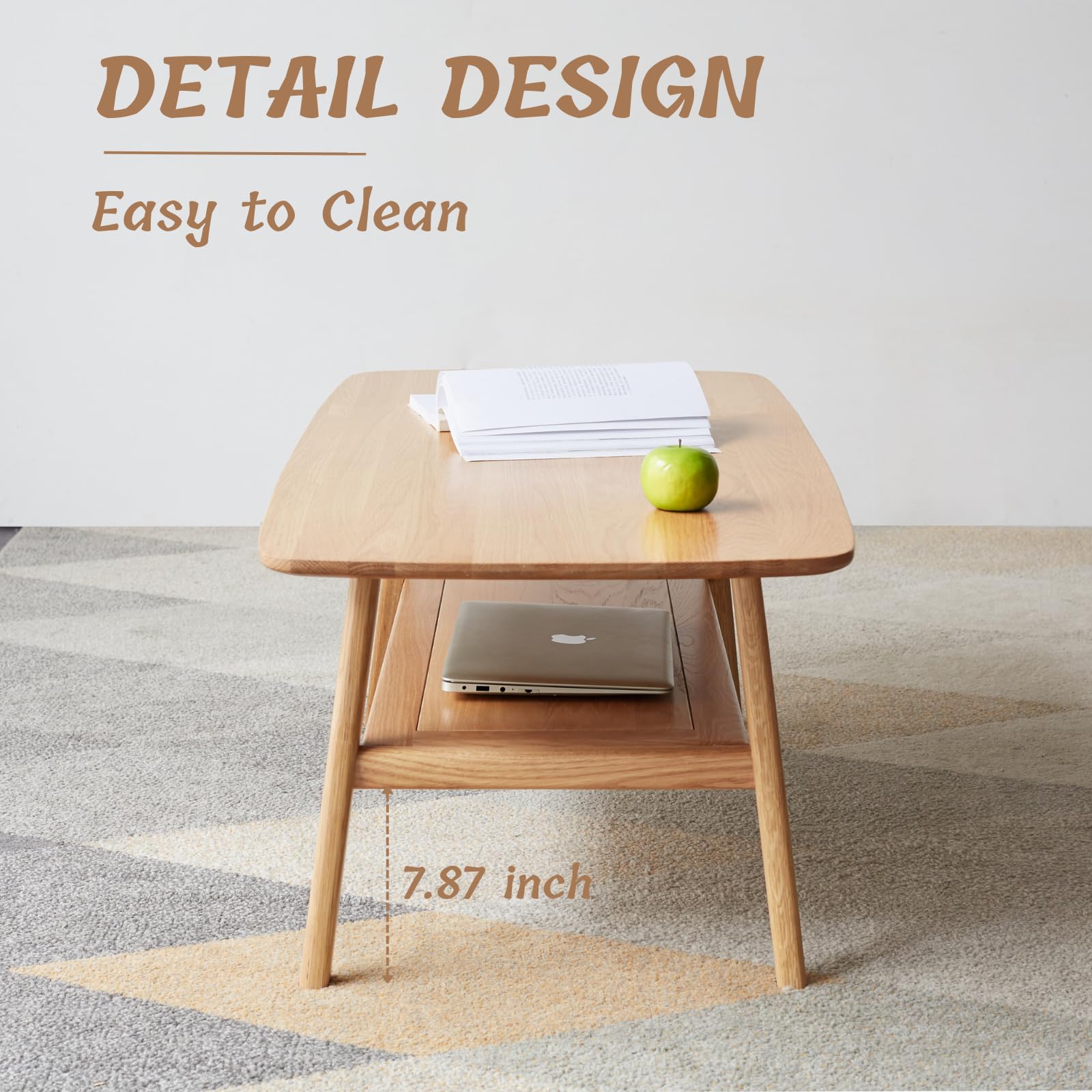 Bamskov 2-Tier Solid Oak Wood Coffee Table - Practical Center Table with Double Storage for Small Apartments, Living Rooms, Bedrooms, and Offices (Natural, 39.37" D x 19.69" W x 17.32" H)