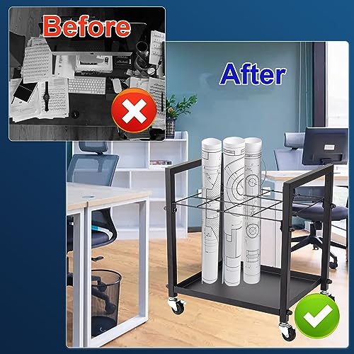 Blueprint Storage Rack Cart,Rolling File Cart with Wheels, 20 Slots Roll File Holder for Home Office School to Storage Poster Architectural Plan Wrapping Paper,Metal Roll File Organizer for Home