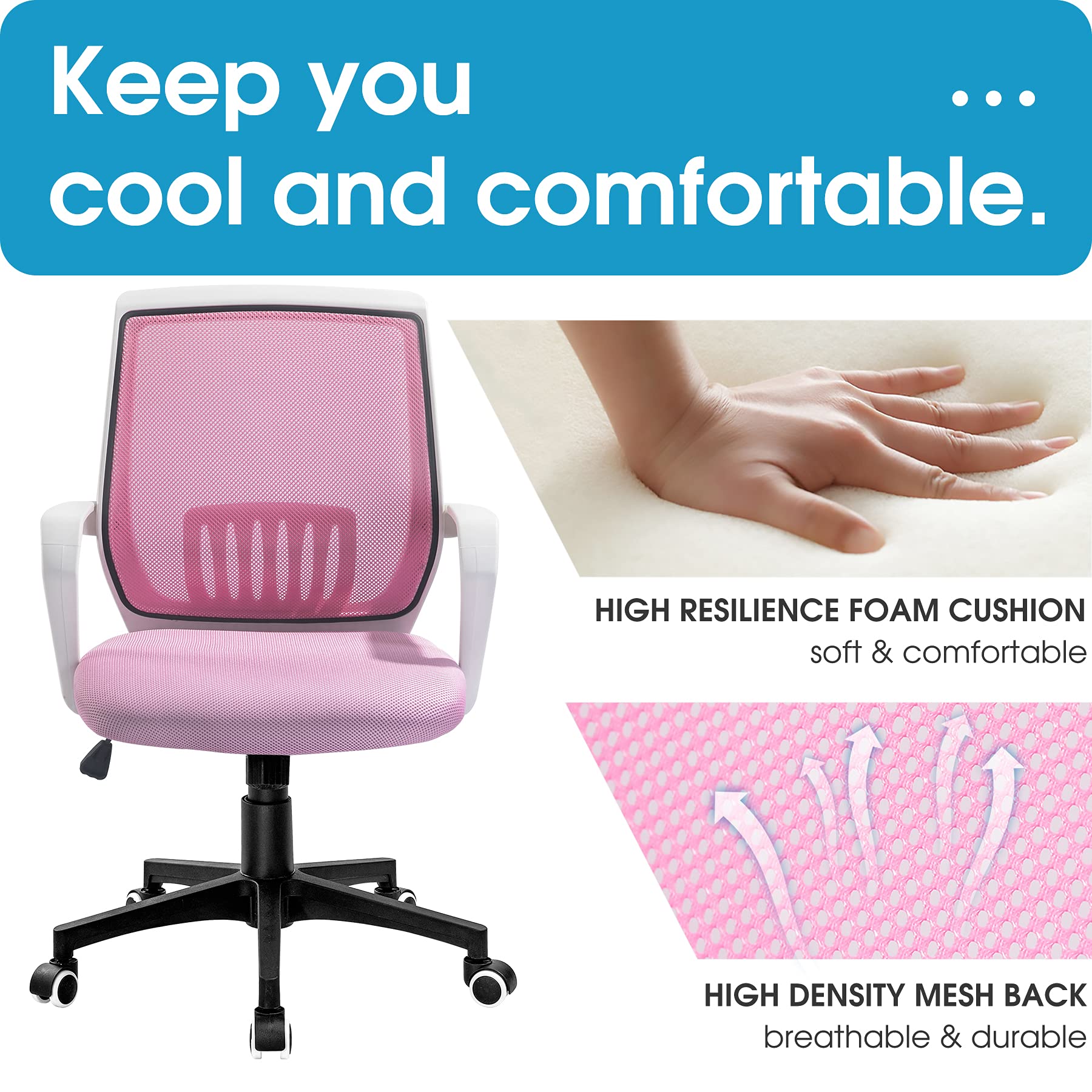 BLUERA Office Chair Ergonomic Desk Chair Mesh Computer Chair Swivel Chair with Back Lumbar Support- Multiple Colors-Pink