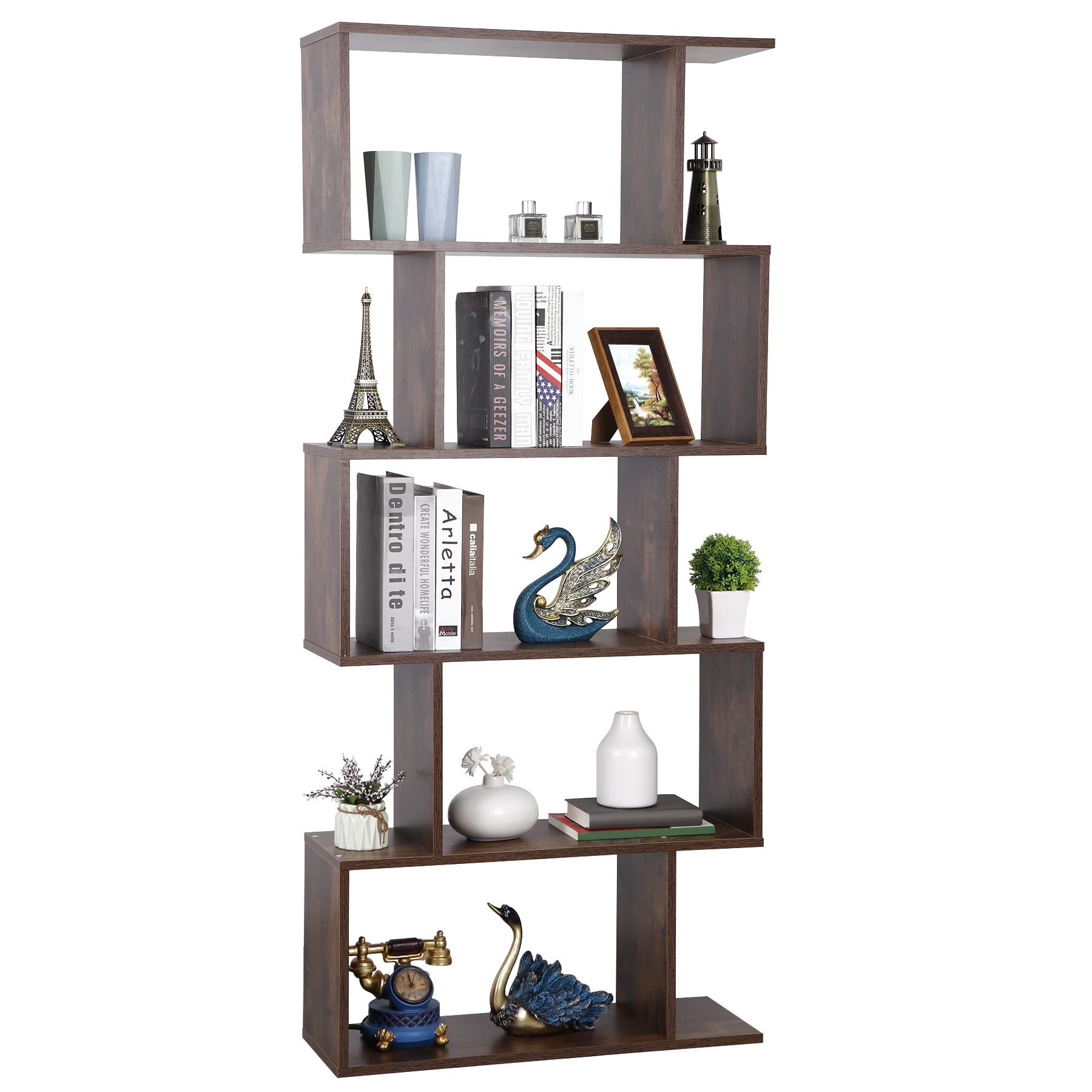 Epetlover 5 Tier Bookshelf S-Shaped Geometric Bookcase Wooden Floor Standing Open Shelf Bookshelves Display Storage Shelf & DVD Shelves for Living Room Bedroom Office, Rustic Brown