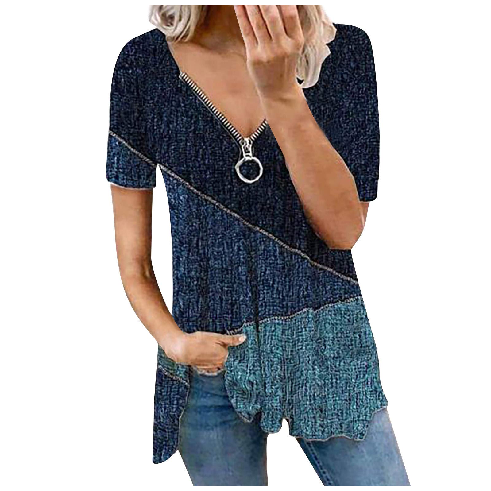 Women Summer T Shirts Short Sleeve V Neck Tunic Zipper Cold Shoulder Tops Casual Floral Print Tunic Plus Size Blouse