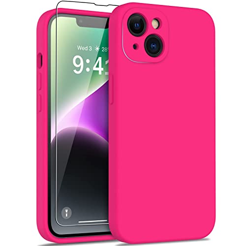 DEENAKIN Compatible with iPhone 14 Case with Screen Protector - Silky Silicone - Enhanced Camera Cover - 16ft Drop Tested - Slim Fit Protective Phone Case for Men Women Girls 6.1" - Hot Pink