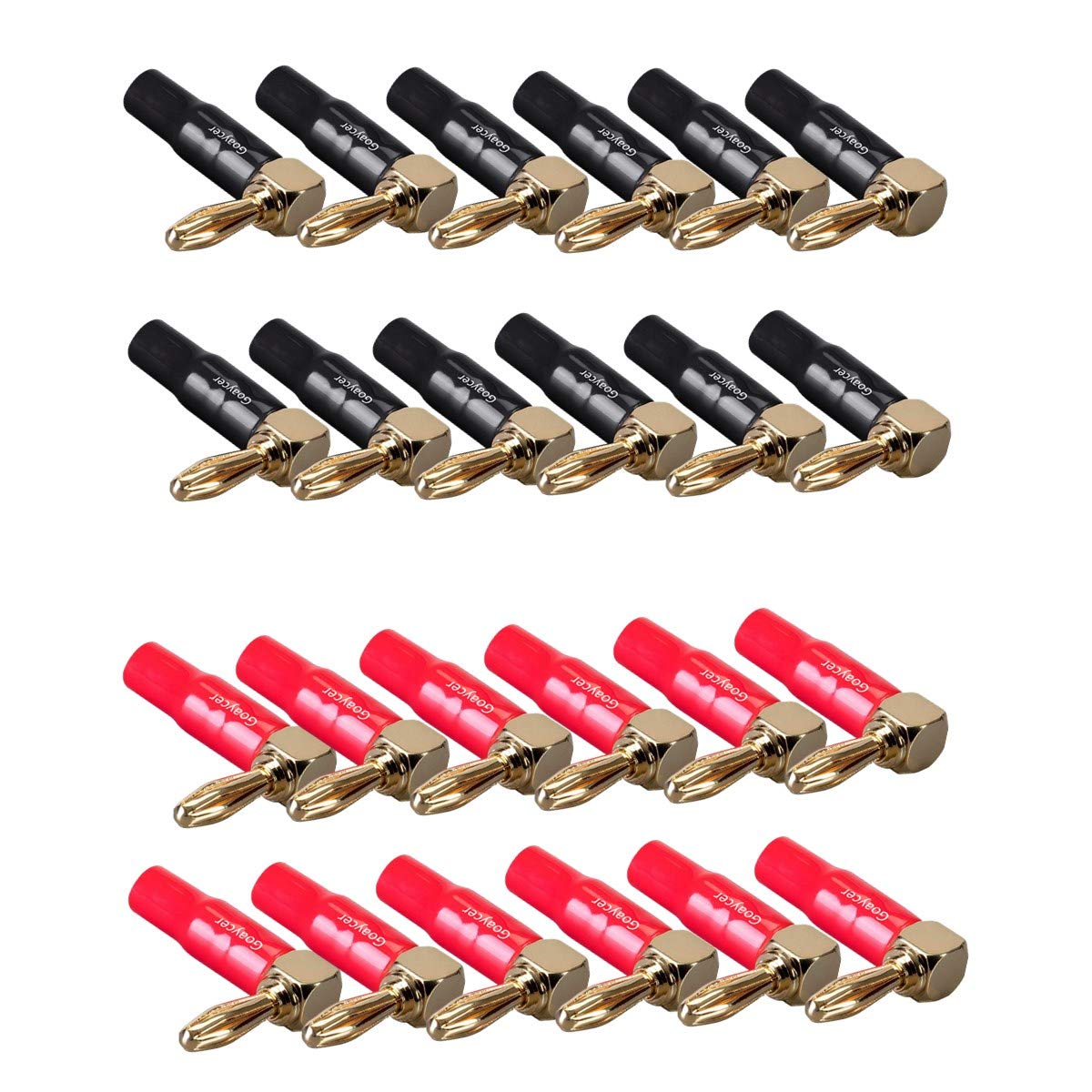 Goaycer Banana Plugs Right Angle 12 Pairs - 24k Gold Plated 90 Degree Speaker Connector (24Pcs)