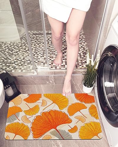 Fall Leaves Bath Mat for Tub,Non Slip Bathroom Floor Runner Rug Quick Dry & Absorbent Diatomaceous Earth Kitchen Room Shower Sink Washable Doormat,Retro Middle Century Orange Yellow Leaf 18"x30"