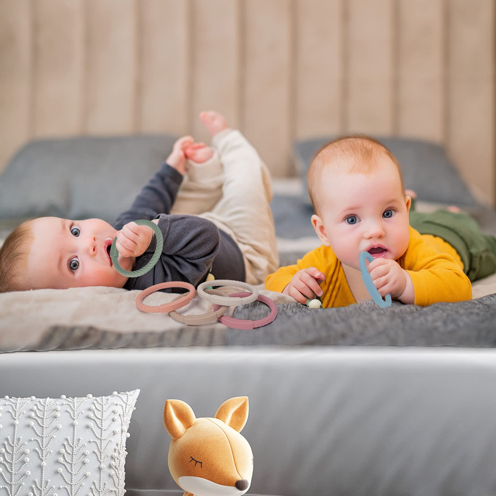 Baby Teething Rings,Baby teether Toys, Soft Silicone Teether Bracelets for 3+Month Babies,Wearable as Mom Bracelets,Baby chew Toys,BPA Free,4 Pack (Ether+Sage+Muted+Apricot)