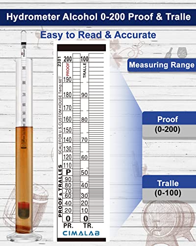 Cimalab Hydrometer Alcohol Meter Test Kit, Hydrometer Alcohol 0-200 Proof & 0-100 Tralle with Hydrometer Test Jar, Alcohol Proof Tester for Liquor, Moonshine, Proofing Distilled