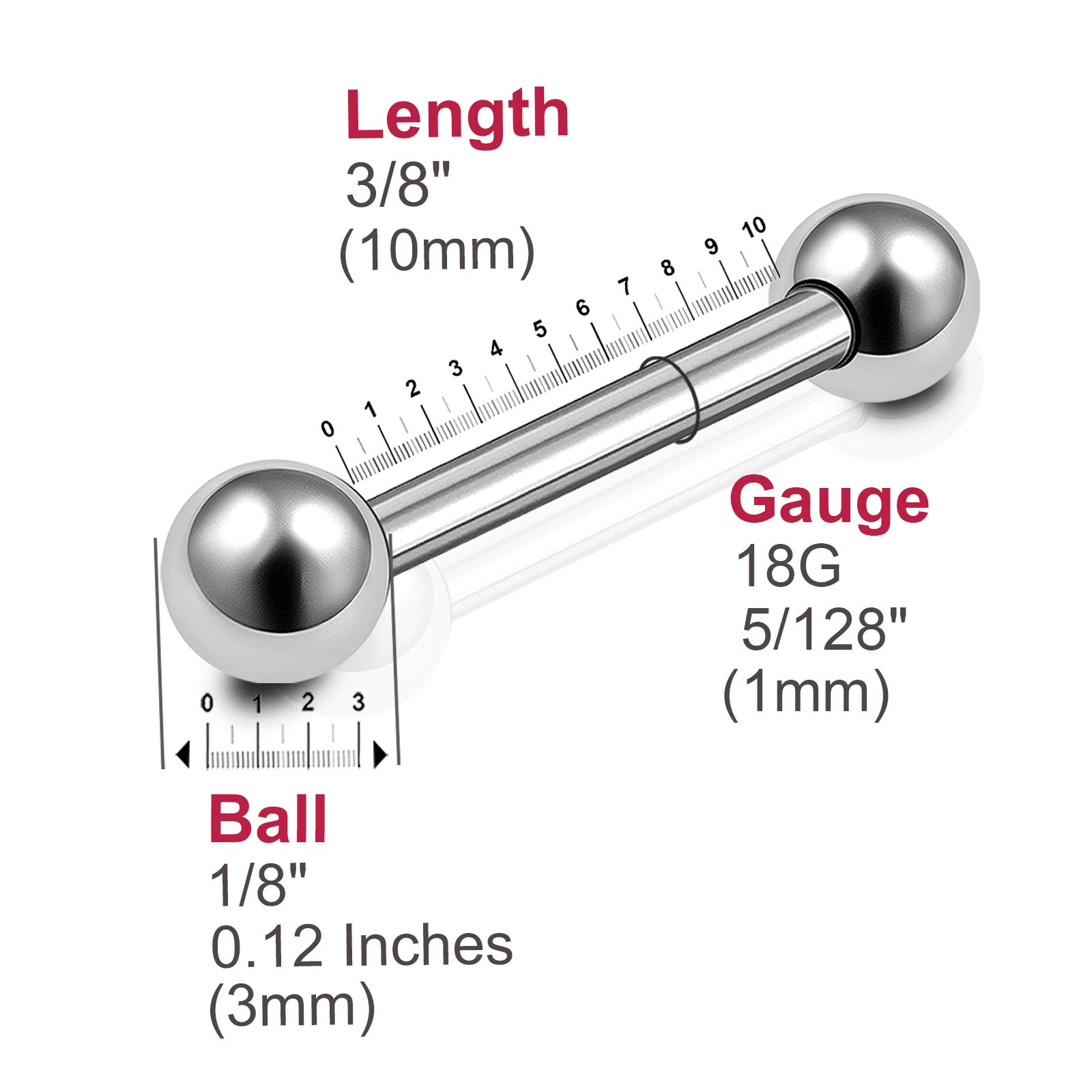 bodyjewellery 2pcs 18g 3/8 Barbell Cartilage Earring Stud Vertical Anti Tragus Triple Forward Helix Bar Surgical Steel Lobe Ball BBDZ 10mm
