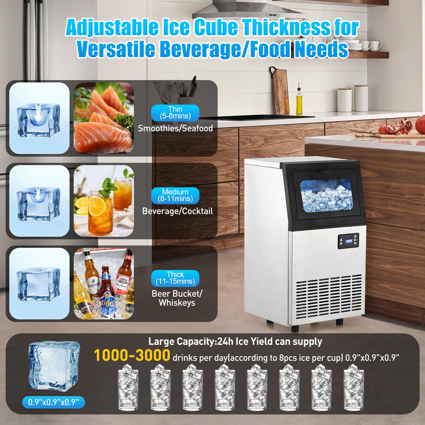 Commercial Ice Maker Machine, 110Lbs/24H, Ice Machine with 18LBS Ice Storage Capacity, Ice Maker Machine with Auto Self-Cleaning, Each Tray Can Make 36 Pcs of Ice for Home/Bar/Hotel/Restaurant