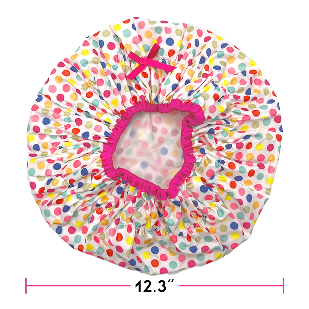 Reusable Shower Cap & Bath Cap & Lined, Oversized Waterproof Shower Caps Large Designed for all Hair Lengths with PEVA Lining & Elastic Band Stretch Hem Hair Hat - Fashionista Deco Dots