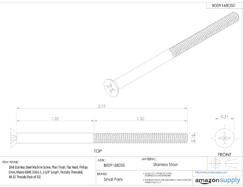 Small Parts 18-8 Stainless Steel Machine Screw, Plain Finish, Flat Head, Phillips Drive, Meets ASME B18.6.3, 2-3/4" Length, Partially Threaded, #8-32 UNC Threads (Pack of 50)