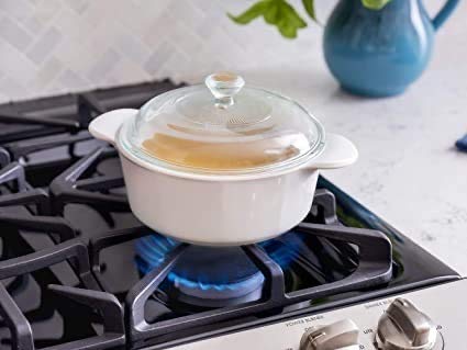 CorningWare Glass-Ceramic Pyroceram Round Classic Casserole, 2.4 Quart / 2.25 Liter Cooking Pot with Handles & Glass Cover - White (Medium)