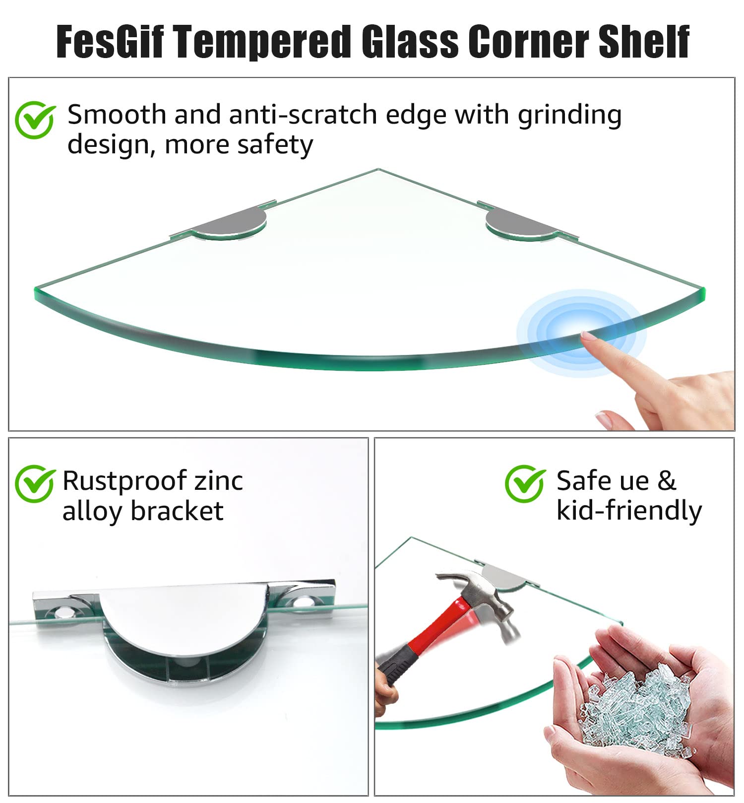 FesGif 4 Pack Glass Shelf Corner Bathroom Storage Organizer Shelf Shower Caddy Shelf Basket Shampoo Holder Tempered Clear Glass Wall Shelves for Kitchen Laundry No Drilling Adhesive Bathroom Shelf