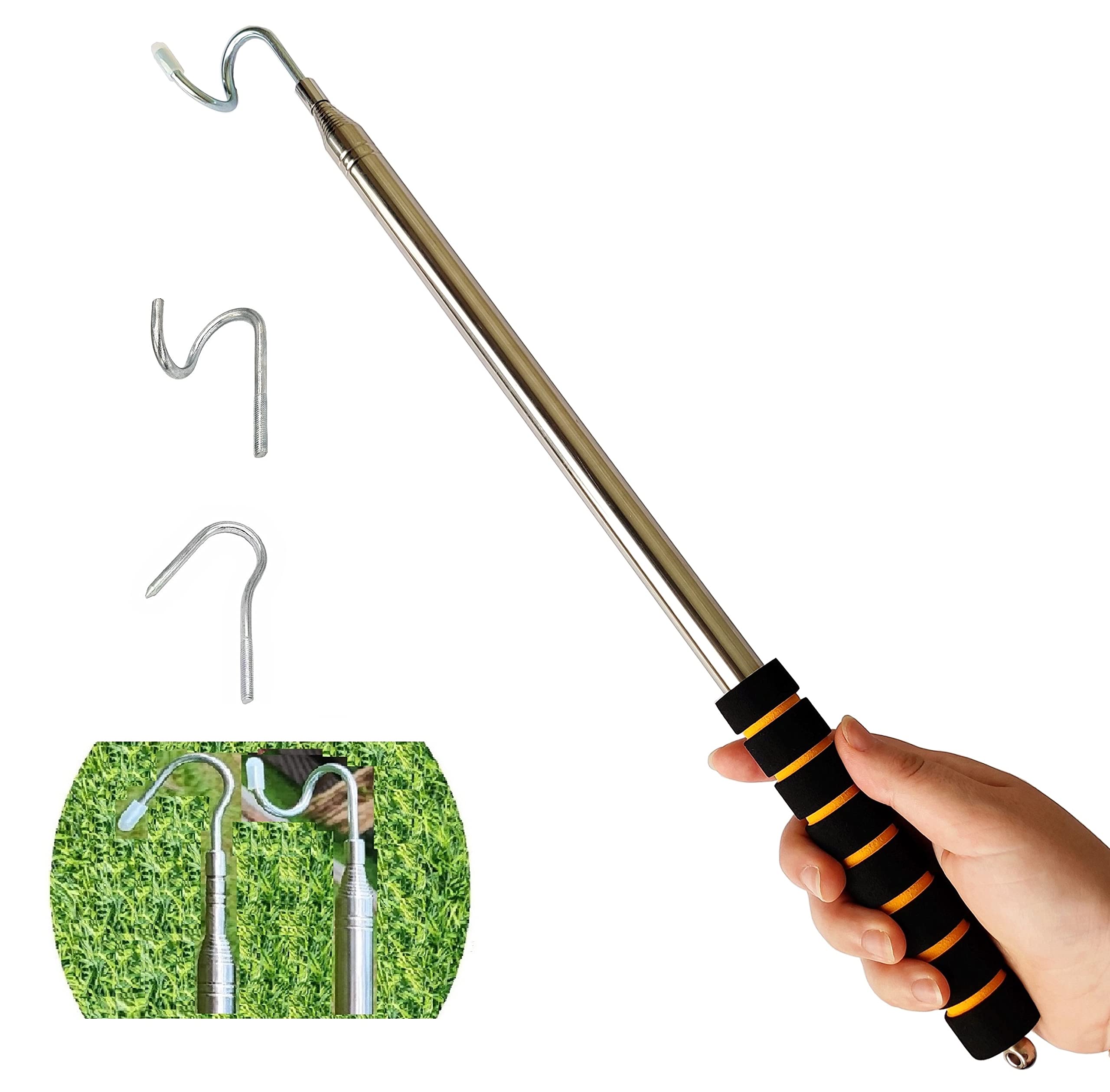 Bytcew Pickup Tool Telescopic Push/Pull Pole with Two Hooks Extends to 9.8 Feet(3M),Wire Reacher Disc Golf Grabber Rod
