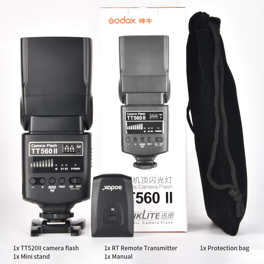 Godox TT560II Wireless 433MHz GN38 Camera Flash Speedlite Light with Built-in Receiver with RT Transmitter Compatible for Canon Nikon Sony Olympus Pentax Fuji DSLR Cameras with Standard Hot Shoe
