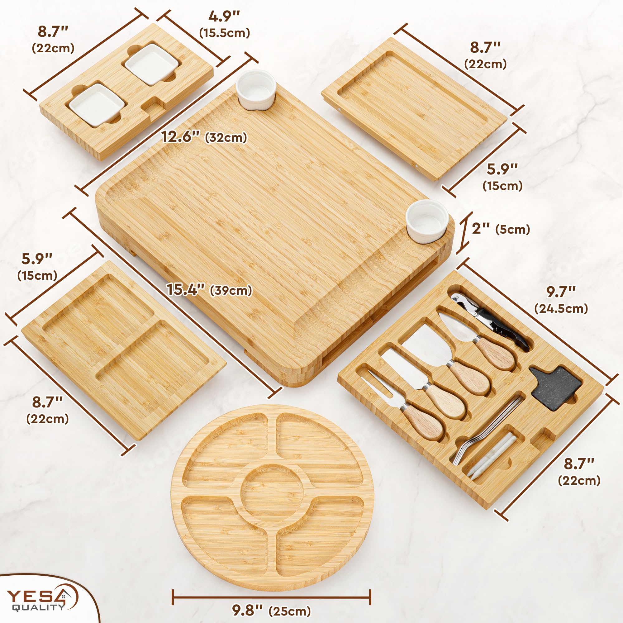 Charcuterie Boards Deluxe Gift Set - 23 Pieces, Bamboo - Large Cheese Board Plus Fruit Tray for Thanksgiving Party, Christmas Present, Birthday w/ Utensil Drawer, Knives, Forks, Wine Opener & More