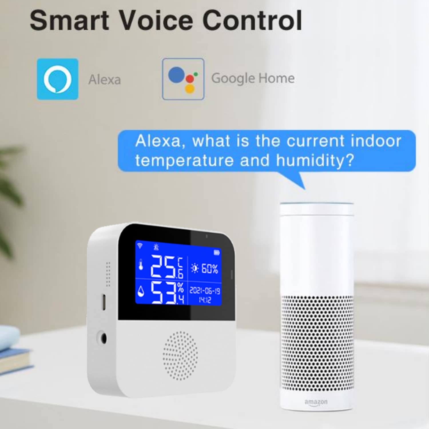 WiFi Temperature Humidity Monitor: Digital Thermometer Hygrometer with Brightness Sensor, Backlit Screen, Buzzer Alarm & App Alerts, Smart Temperature Humidity Sensor Compatible with Alexa