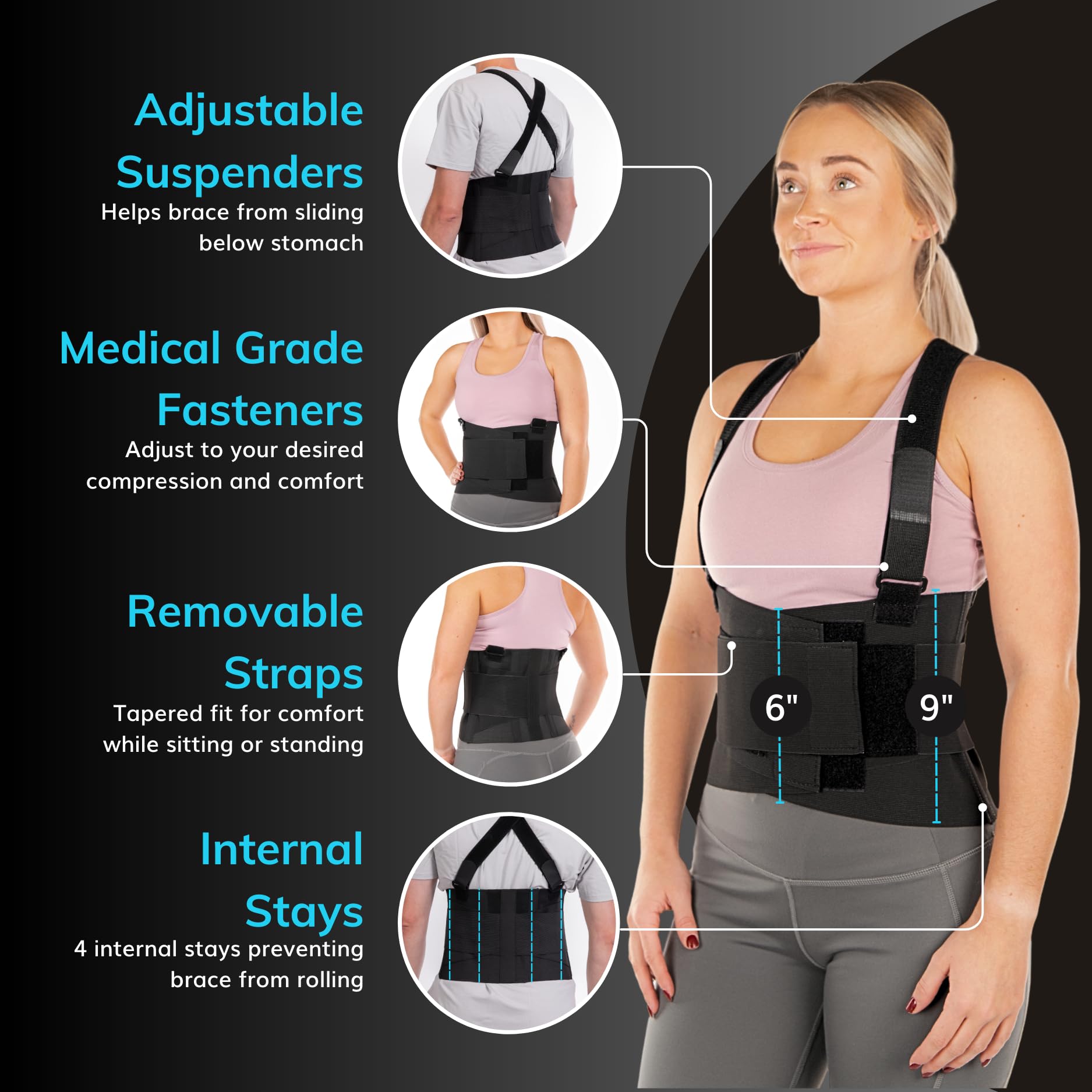 BraceAbility Work Back Brace - Industrial Lower Back Pain Protection Belt for Men and Women, Construction, Moving, Warehouse Jobs - Removable Suspender Shoulder Straps for Heavy Lifting Safety (L)
