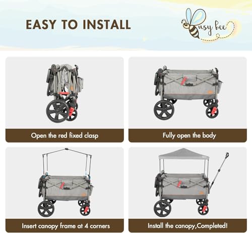Busy Bee Foldable Wagon Stroller for 2 Kids, Push Pull Collapsible Kids Wagon with Adjustable Handle Bar, Removable Canopy, 5-Point Harness, Shock-Absorbing Wheels, Grey