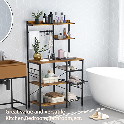 Kitchen Baker’s Rack with 2 Pull Out Wire Baskets, Microwave Stand with Storage Shelf & Wine Rack, 5-Tier Utility Coffee Bar Station with 10 Hooks for Spice Rack Organizer Workstation, Rustic Brown