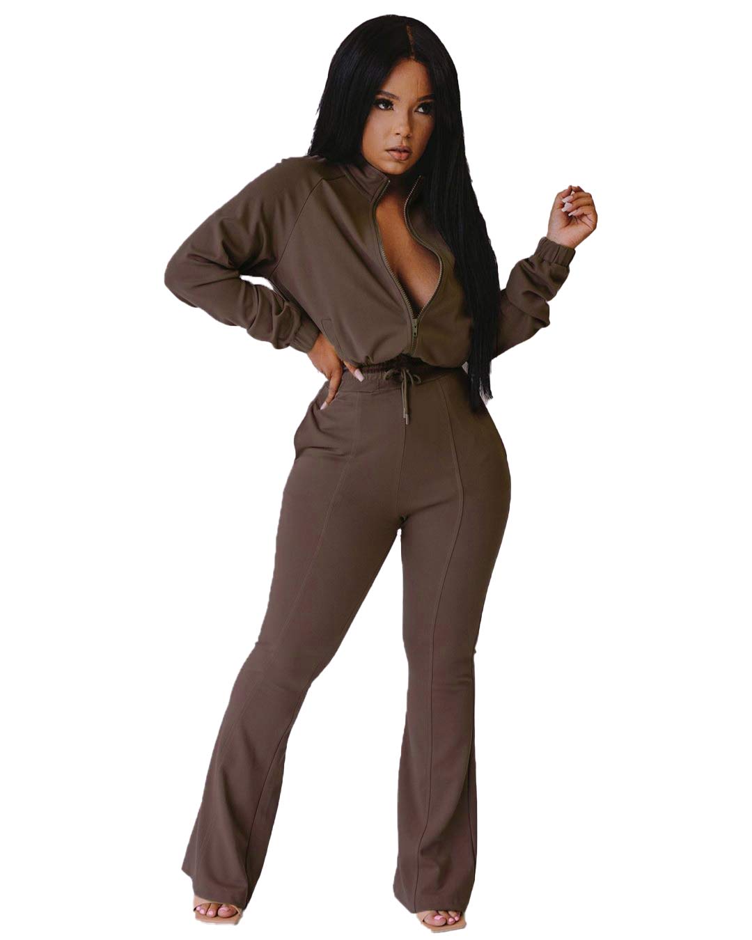 Bluewolfsea Tracksuit for Women Set - Two Piece Outfits Casual Long Sleeve Zip Top Sweatshirt + Bell Bottoms Jogging Sets XX-Large Brown