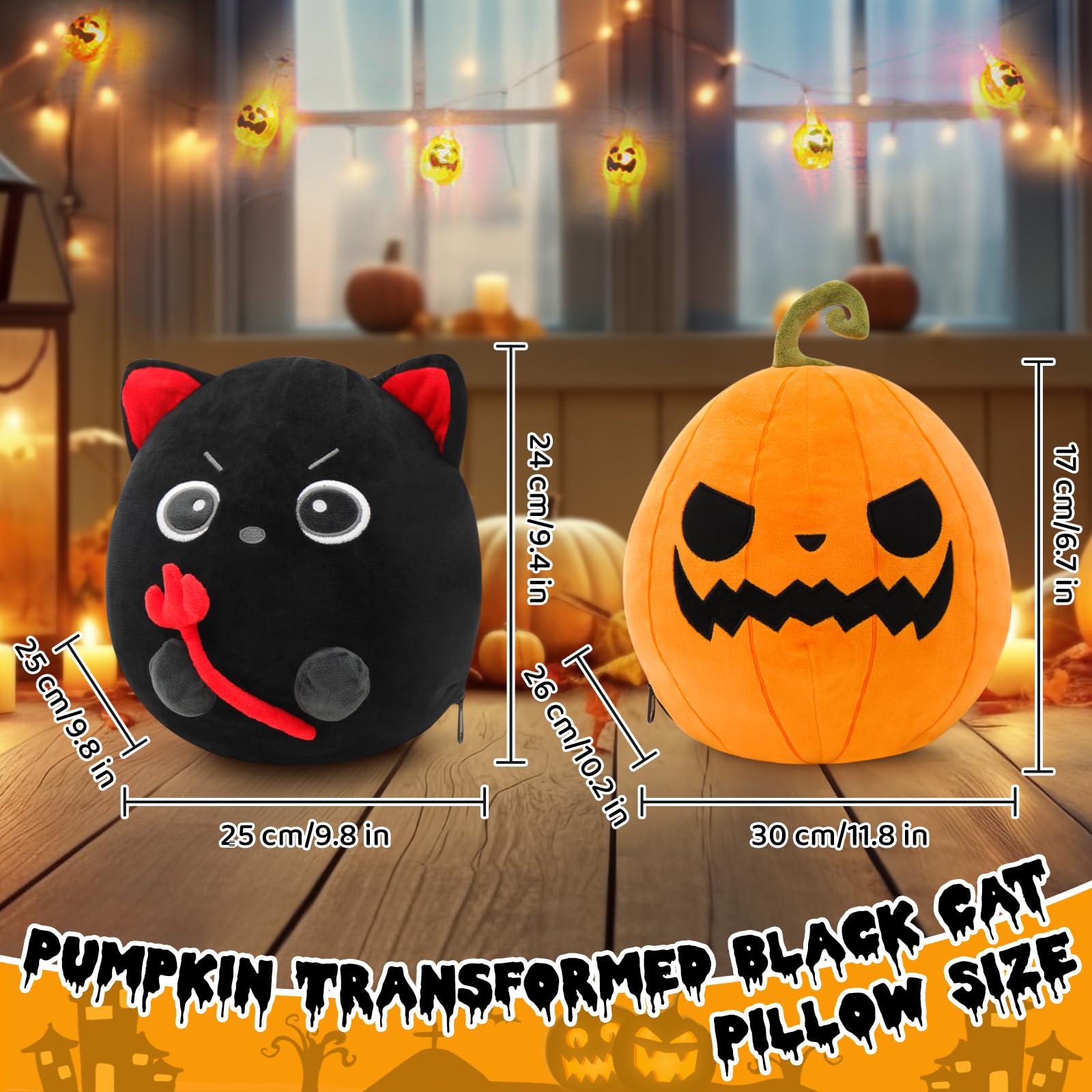 Emoin Halloween Plush 11.8" Reversible Halloween Pumpkin Cat Stuffed Animal Soft Black Cat Pumpkin Pillow Halloween Decor Birthday Gift for Kids