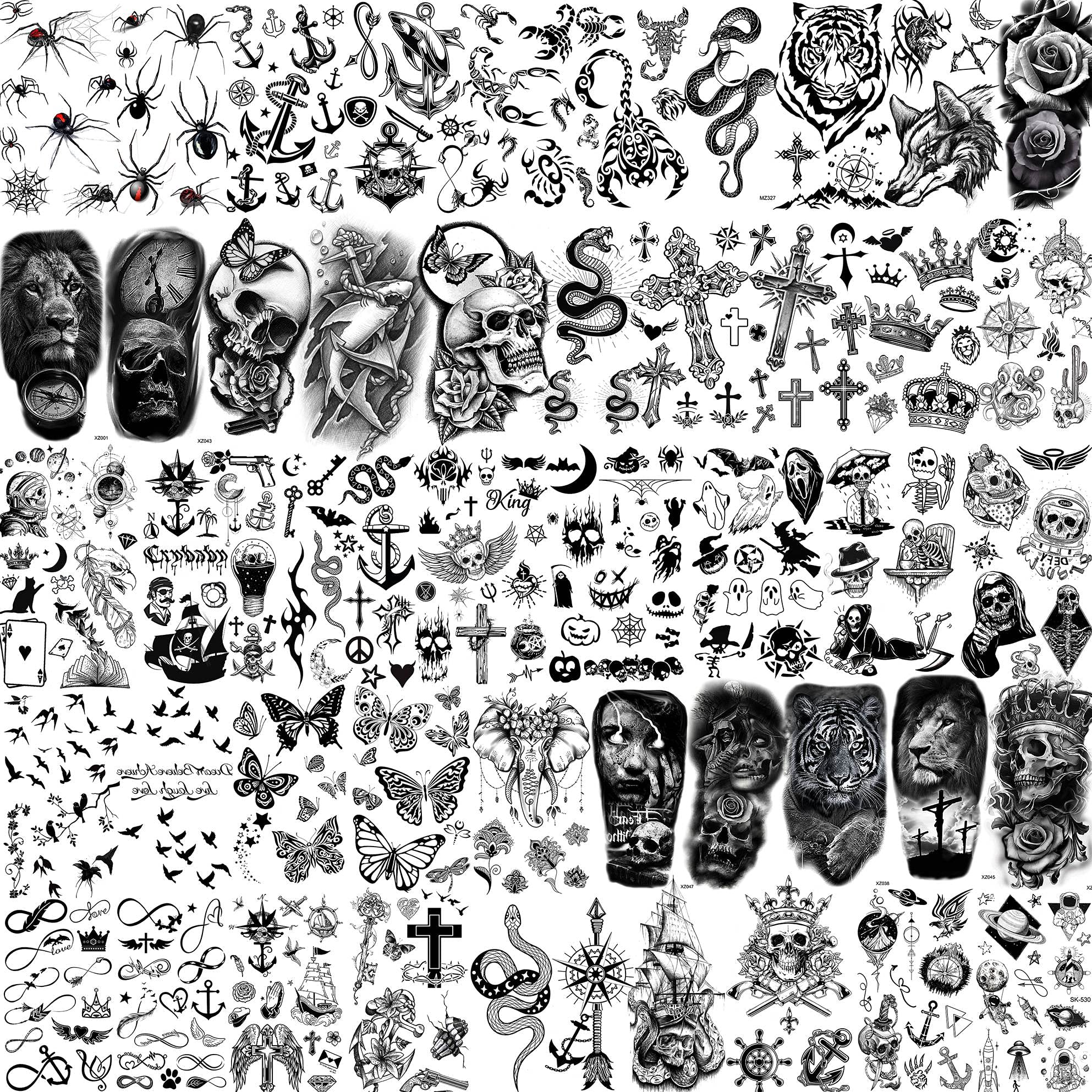 Bilizar 48 Sheets 3D Small Temporary Tattoos For Kids Women Neck Girls Arm Boys, Temp Tiny Halloween Tattoo Stickers Men Spider Cross Scorpion Snake Tiger Lion, Flower Ghost Skull Fake Tatoos Acnhor