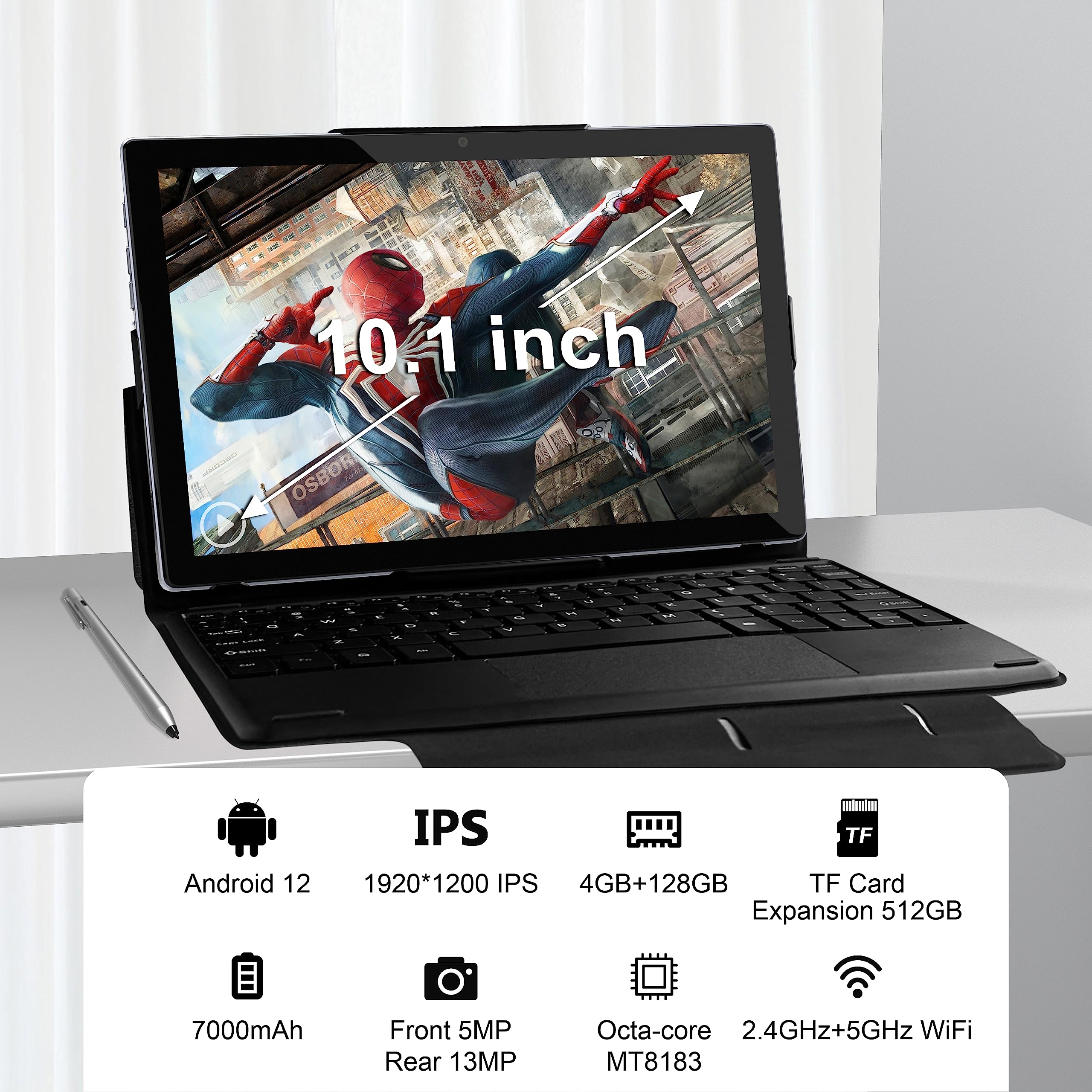BYYBUO Tablet 10.1 inch, 2 in 1 Android 12 Tablets with Keyboard Case, 4GB+128GB,1920x1200 FHD Display,7000mAh Battery,Octa-Core Processor,5G+2.4G WiFi,Bluetooth,GPS,FM,Metal Body (2023 Newest)