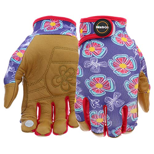 Miracle-Gro MG86212 Durable Fit Gloves – [Tan/Purple Floral Print, Medium/Large], Goatskin Leather Palm Gloves