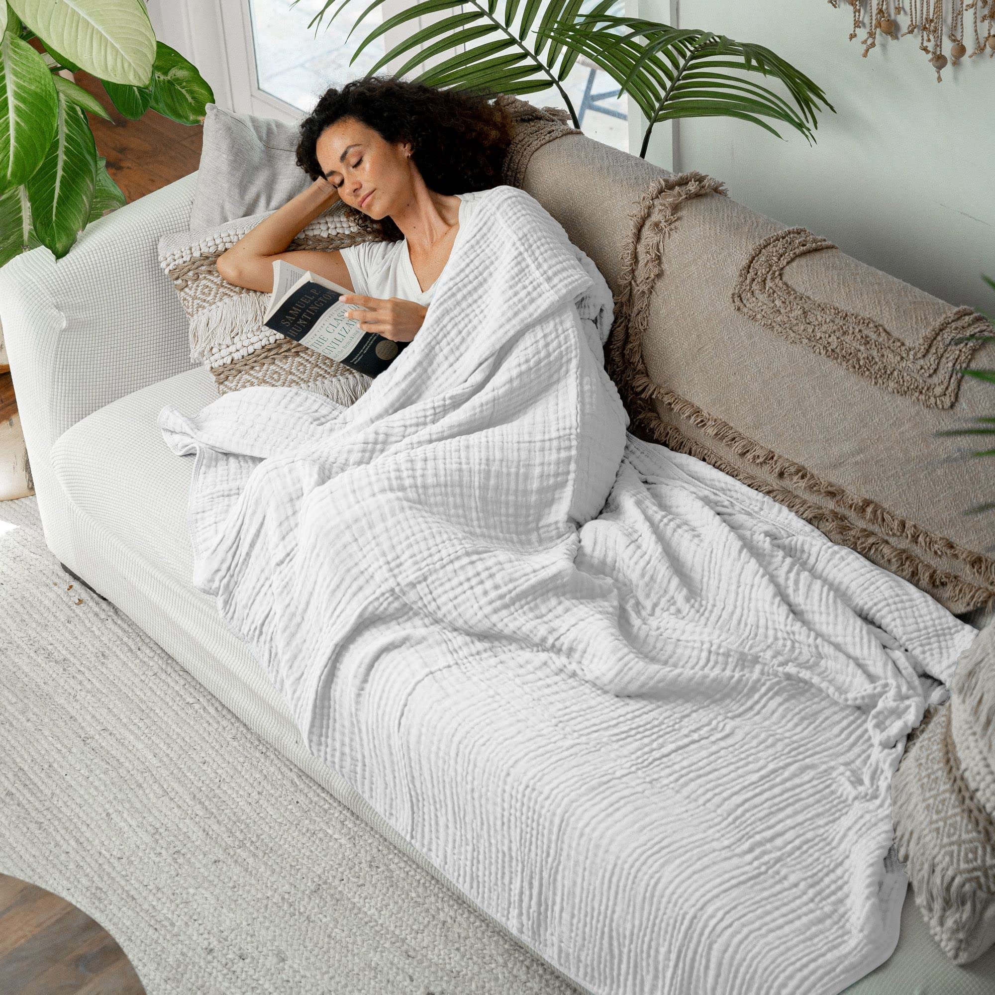 Comfy Cubs Muslin Blanket for Adults, Extra Large Twin 90β x 66β, 6 Layer Cooling Cotton Softness, Breathable & Warm Throw for Bedroom, Living Room Couch (White, Twin - Muslin)