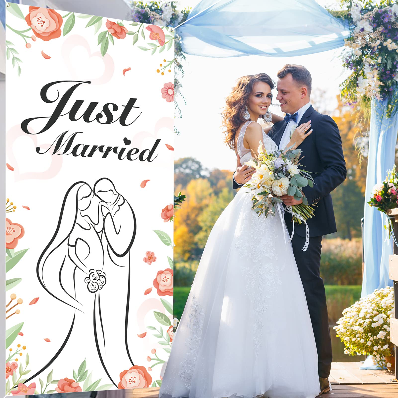 DPKOW Pink White Just Married Banner (6x3 feet) - Premium Wedding Engagement Party Decoration, Bridal Shower Door Cover, Romantic Rose Design, Tear Resistant, Reusable