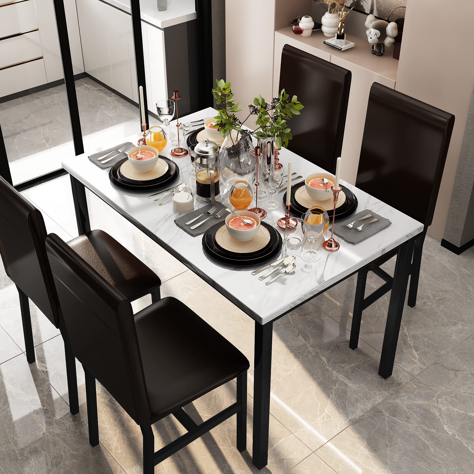 AWQM 5 Piece Dinning Table Sets for 4, Marble Kitchen Table and Chairs for 4,Dining Room Table Set with PU Leather Chairs,Faux Marble Dining Set for Small Spaces,Living Room,White+Brown