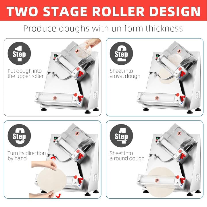 Commercial Pizza Dough Roller Sheeter, Max 12", Automatic 370W Electric Pizza Dough Roller, Stainless Steel, Suitable for Noodle, Pizza Bread and Pasta Maker Equipment