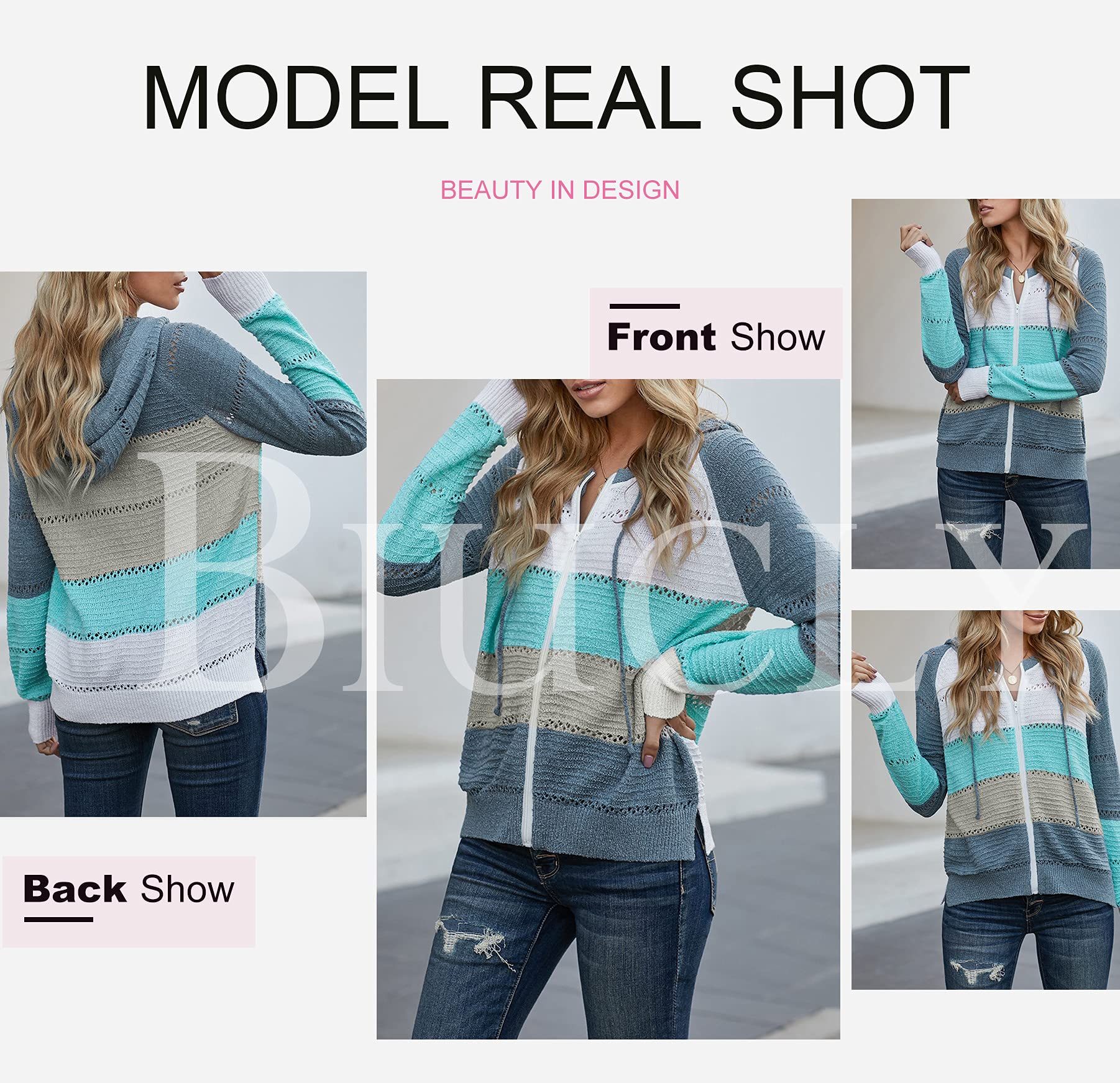 Biucly Womens Stripes Color Block Knit Sweater Zip Up Hoodies Long Sleeve Lightweight Drawstring Jacket Pullover Sweatshirts Sweaters Fall Winter 2022,US 8-10(M),Sky Blue