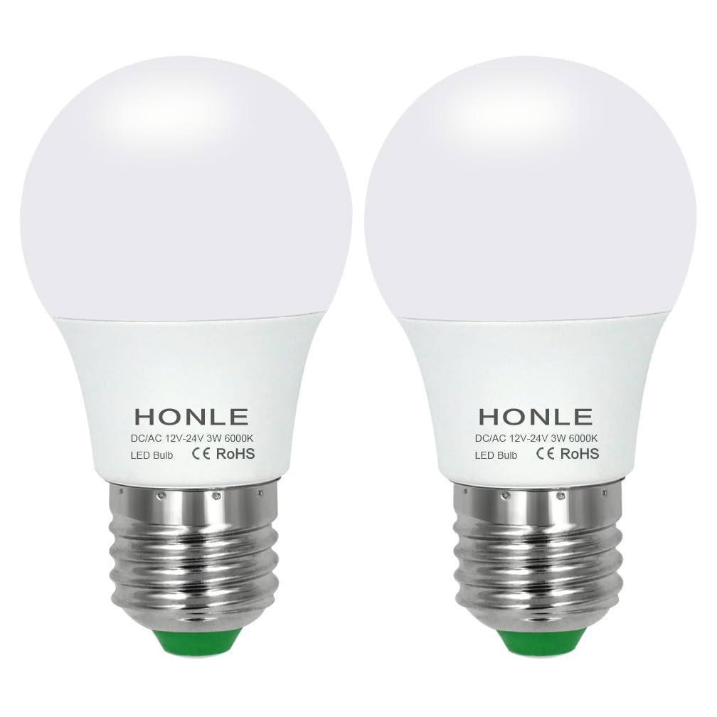 Honle E26 LED Light Bulbs 3W 12V Low Voltage Daylight White 6000K E27 Edison Standard Screw Base 25W Equivalent for Rv, Off Grid Solar Panel Project, Boat, Pack of 2