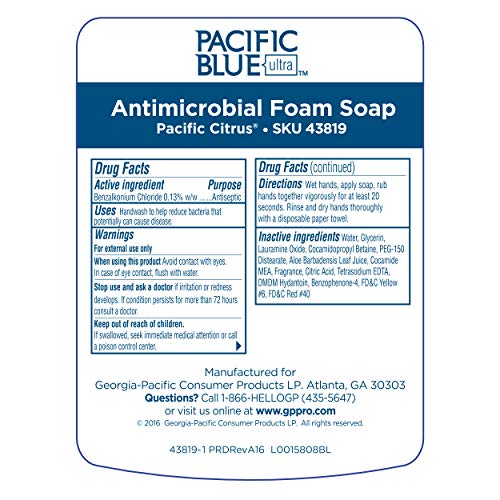 Pacific Blue Ultra Gentle Foam Hand Soap Refill by GP PRO (Georgia-Pacific), Antimicrobial Pacific Citrus Scent, 43819, 1200 mL Per Refill, 4 Refills Per Case