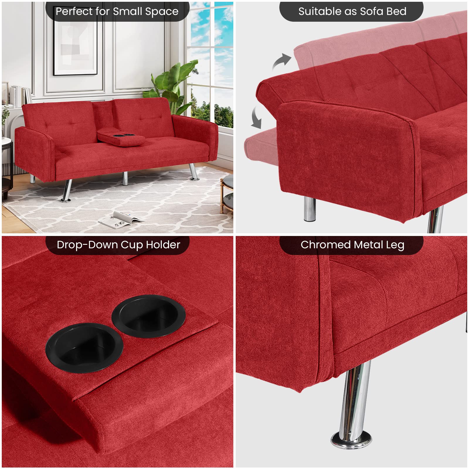 AWQM Futon Sofa Bed,Modern Upholstered Convertible Folding Sleeper Sofa,Recliner Futon Couch Bed with Armrests 2 Cup Holders,for Living Room,Apartment,72.4" L x 18.5" D x 29.9" H,Red