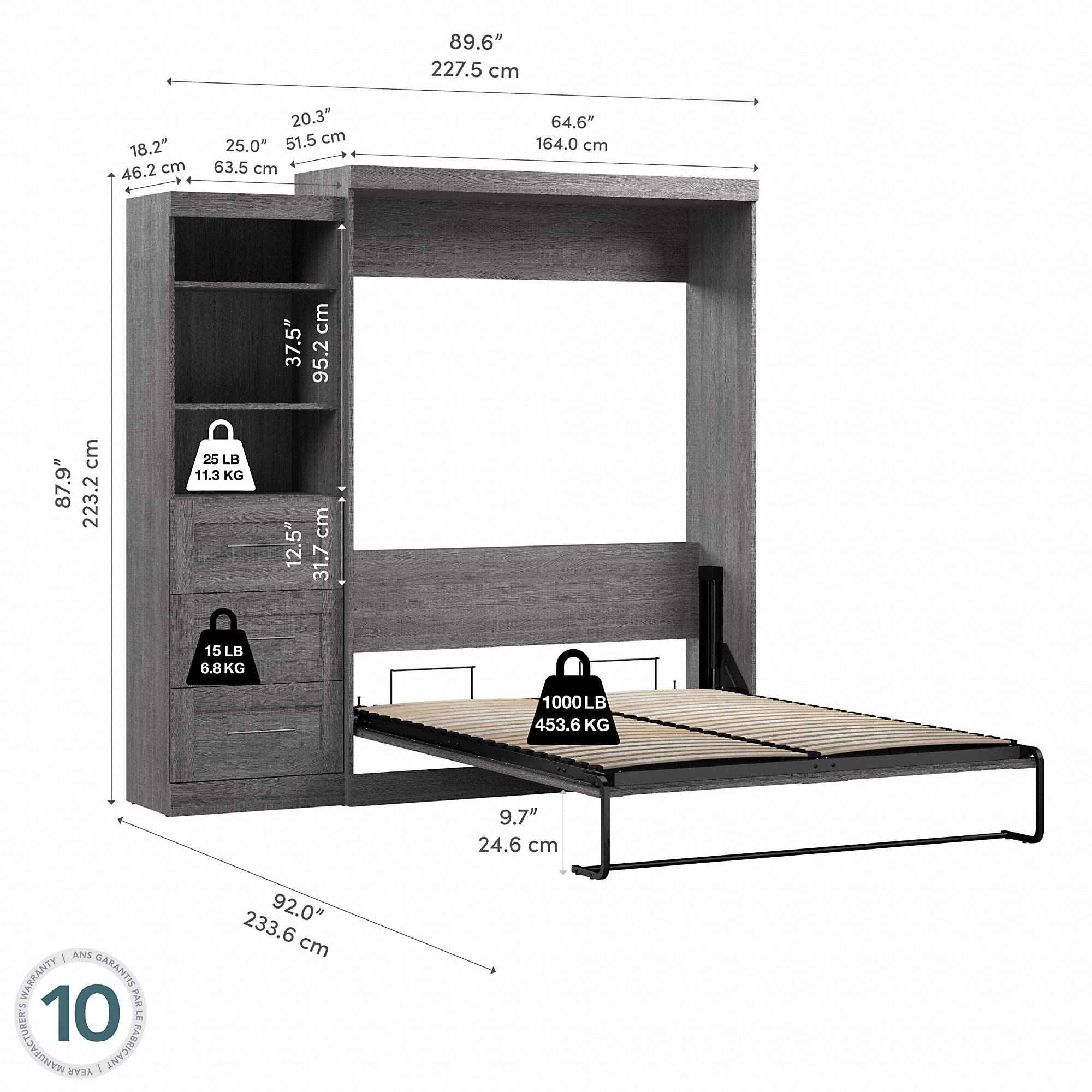 Bestar Pur Queen Murphy Bed and Shelving Unit with Drawers, 90-inch Space-Saving Wall Bed