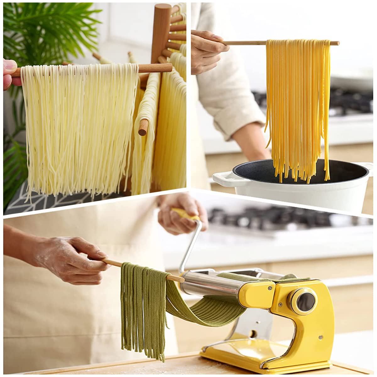 DlbvFoy Collapsible Pasta Drying Rack, Wooden Spaghetti Stand Dryer with 16 Suspension Rods Homemade Fresh Noodle Hanger, Noodle Drying Rack Easy Storage and Quick Set-Up Hanging Rack